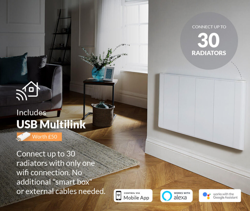 Slimline Curve Horizontal Electric Radiator - Wifi - White