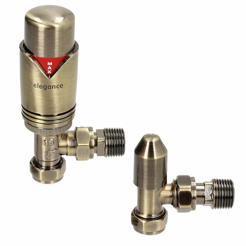 Alvaro Thermostatic Angled TRV & Lockshield Valve - Antique Brass